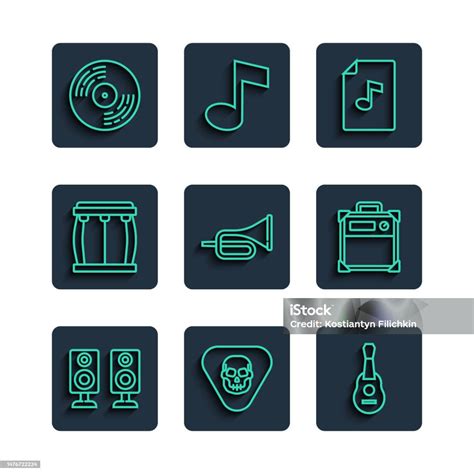 세트 라인 스테레오 스피커 기타 픽 음표가있는 음악 책 트럼펫 드럼 비닐 디스크 및 앰프 아이콘 벡터 아이콘에 대한 스톡 벡터