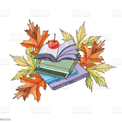 녹색 언론 이나 교육 프로젝트에 대 한 책 단풍과 사과 손으로 그린 잉크와 컬러 스케치의 집합입니다 흰색 배경에서 격리된 색상 요소입니다 가을에 대한 스톡 벡터 아트 및