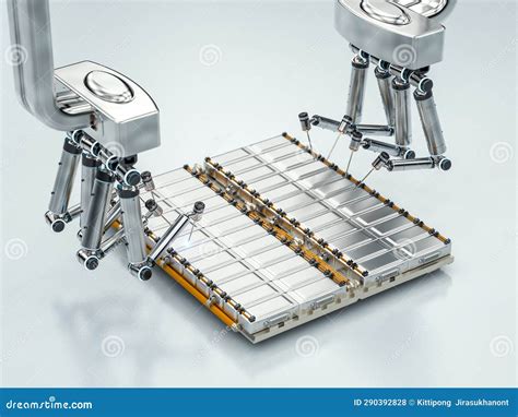 Automation Battery Manufacturing With Electric Car Battery Produced By Robotic Arms Royalty Free