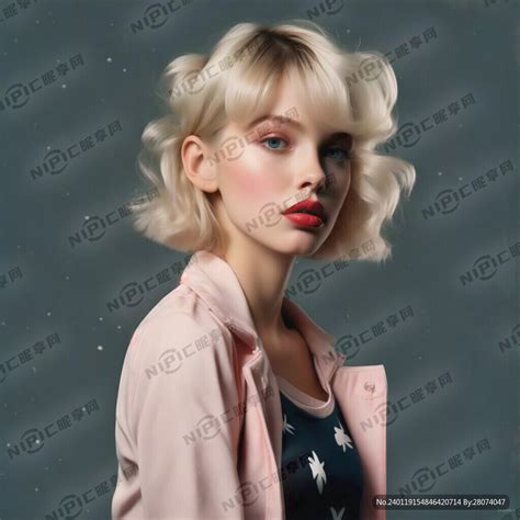 Ai创作图欧美女孩 美式风格 年轻的女孩 有活力 金发 白色背景 粉色的唇 唇彩广告 昵图网