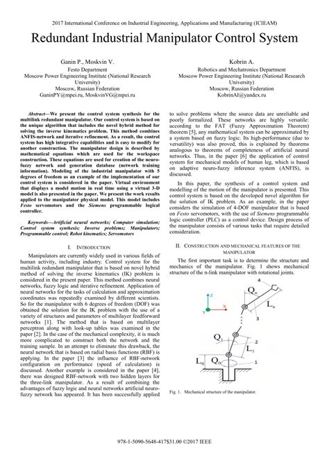 Pdf Redundant Industrial Manipulator Control System
