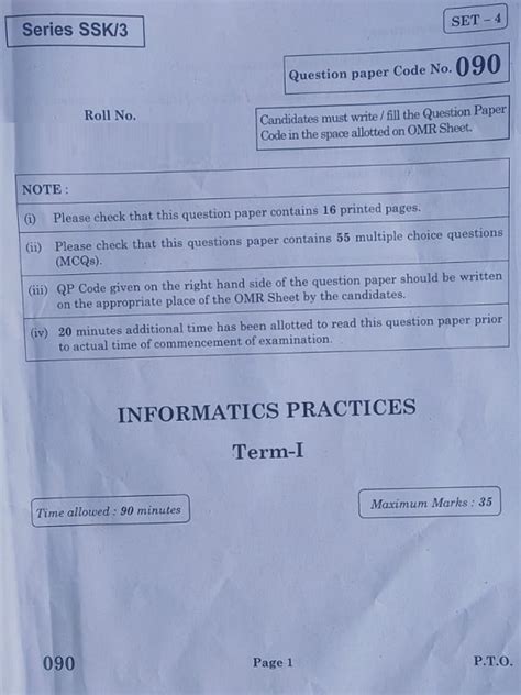 Cbse 12th Informatics Practices Board Exam 2021 22 Term 1 Question Paper Pdf Out Download