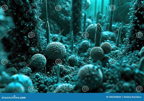 Teal Microscopic Landscape Of Cellular Structures And Fungi Spores For