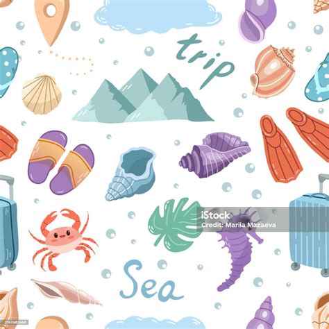 손으로 그린 컬러 여행 원활한 패턴입니다 관광 및 캠핑 모험 여행 요소가있는 Lipart 해양 생물 슬리퍼 수하물 조개 모자 산