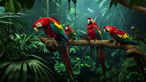 Tropical Rainforest With Parrots Scarlet Macaw Parrots Ai Generative Stock Image Image Of