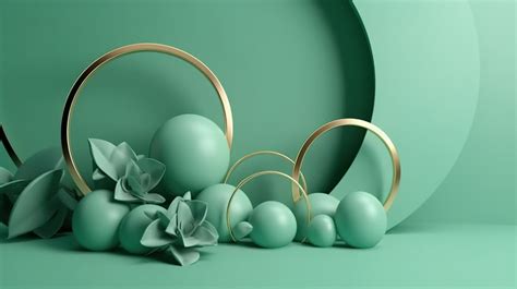 3d 렌더링된 이미지에서 황금색 액센트와 녹색 둥근 모양이 있는 바질 민트 배경 배경 Png  무료 다운로드 Pikbest