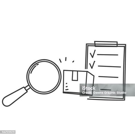 손으로 그린 낙서 품질 검사 그림을 위해 돋보기와 클립보드 확인 기호를 통해 상자를 보고 있는 사람 Test Match에 대한 스톡 벡터 아트 및 기타 이미지 Istock