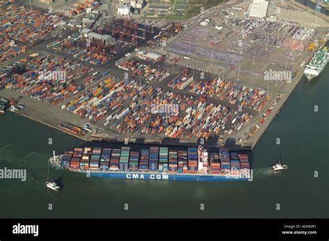Aerial View Of A Container Ship At Southampton Container Terminal Being