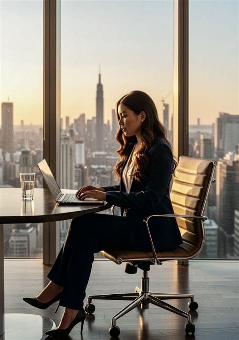 Female Sitting On A Desk Working On A Laptop Business Woman With