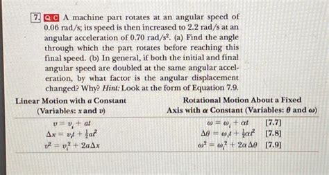 Solved QC A Machine Part Rotates At An Angular Speed Of Chegg