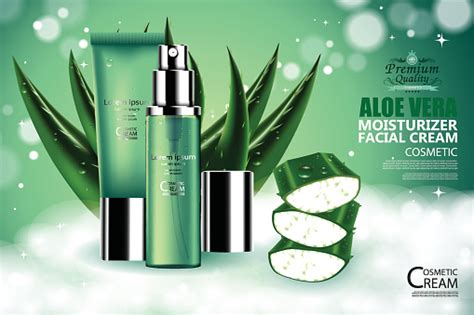 럭셔리 화장품 병 패키지 스킨 케어 크림 알로에 베라 로션 얼굴 젤 뷰티 화장품 제품 포스터 Bokeh와 물 드롭 배경 3차원 형태에 대한 스톡 벡터 아트 및 기타 이미지