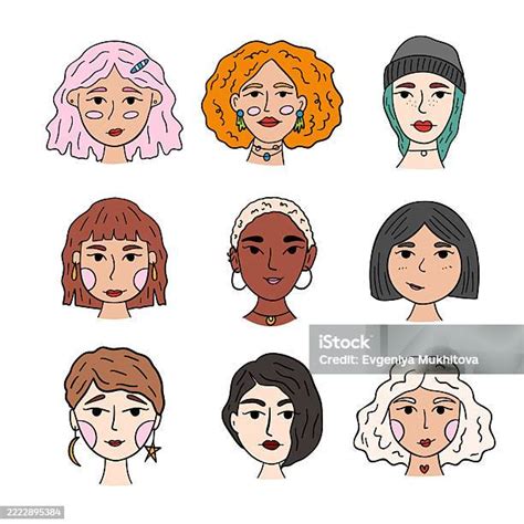 여성 헤어 스타일의 종류 만화 검은 색 디자인 모음에 개요 아이콘 다른 헤어 스타일을 가진 다른 여자의 아바타의 벡터 세트 벡터 일러스트 레이 션 낙서 드로잉에 대한 스톡