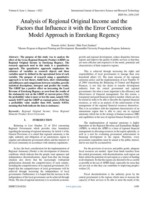 Analysis Of Regional Original Income And The Factors That Influence It With The Error Correction