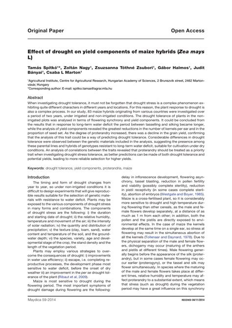 Pdf Effect Of Drought On Yield Components Of Maize Hybrids Zea Mays L