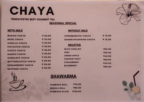 Menu At Chaya Purakkad