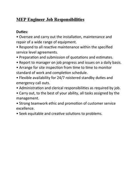 Mep Engineer Job Responsibilities Pdf Safety Consultant