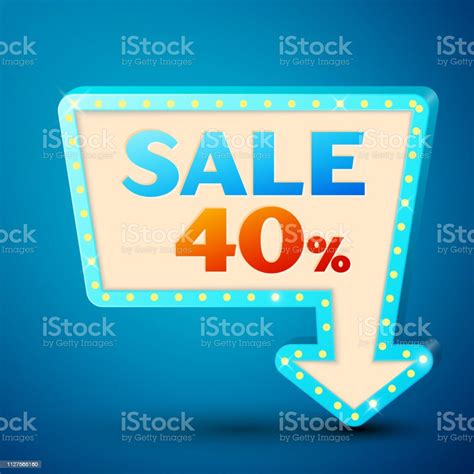 램프 및 화살표 비문 판매 40 할인을 가진 파란 배경에 빛나는와 복고풍 광고 판 비즈니스 배너 홍보 포스터 밝은 간판 쇼핑 벡터 일러스트 레이 션 40에 대한 스톡 벡터