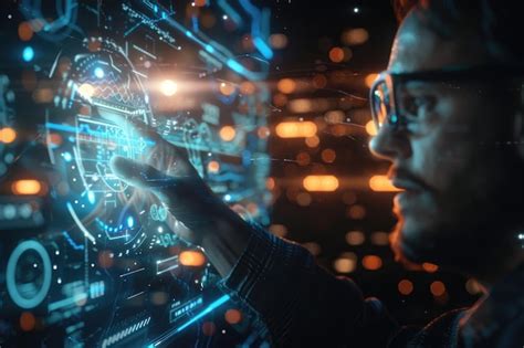 Premium Photo Man Uses Virtual Touchscreen For Quantum Computing And Ai Innovation