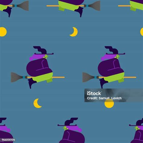 빗자루에 마녀 완벽 한 패턴 할로윈 배경 벡터 일러스트입니다 10월에 대한 스톡 벡터 아트 및 기타 이미지 10월 공포 무서움 두개골 Istock