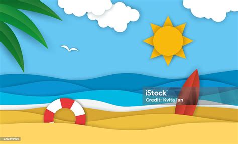 아름 다운 여름 해변 종이 컷 휴일 벡터 태양 바다 구름 야자수 서핑 및 구명 부표 경관에 대한 스톡 벡터 아트 및 기타 이미지 Istock