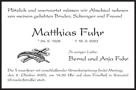 Traueranzeigen Von Matthias Fuhr 57trauerde