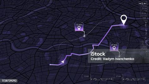 아이소메트릭 한 지점에서 의도 한 목표까지의 경로 많은 목적지 표지판 지도 전체의 주요 도로 경로의 거리 및 회전에 대한 데이터를 얻기 위한 내비게이션 매핑 기술 벡터 3