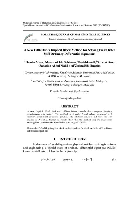 Pdf A New Fifth Order Implicit Block Method For Solving First Order Stiff Ordinary