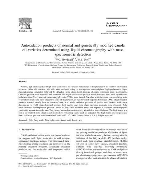 Pdf Autoxidation Products Of Normal And Genetically Modified Canola Oil Varieties Determined