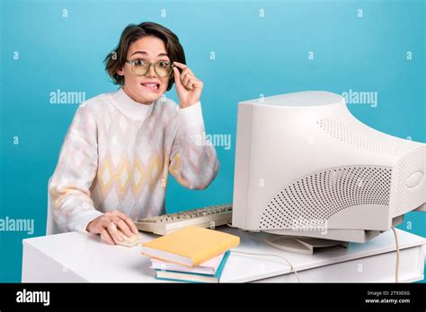 Portrait Of Clever Worried Lady Arm Touch Eyewear Desktop Retro Pc