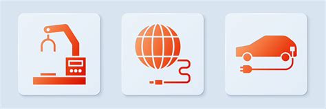 소셜 네트워크 로봇 암 손 공장 및 전기 자동차를 설정합니다 흰색 정사각형 버튼 벡터 아이콘에 대한 스톡 벡터 아트 및 기타 이미지 아이콘 개념 공장 산업 건물