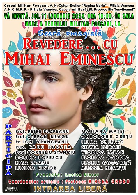 Spectacol ”eminescu” în Această Seară La Casa Armatei Din Focșani