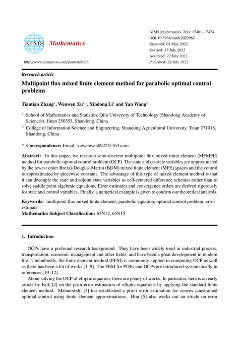 Pdf Multipoint Flux Mixed Finite Element Method For Parabolic Optimal Control Problems