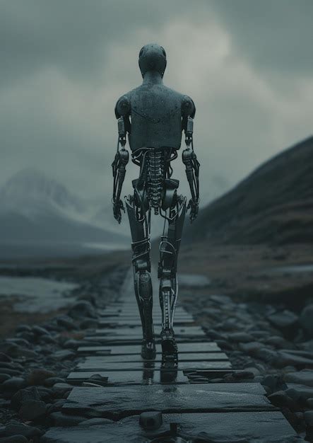 Premium Photo There Is A Robot Walking On A Wooden Walkway In The Middle Of A Field Generative Ai