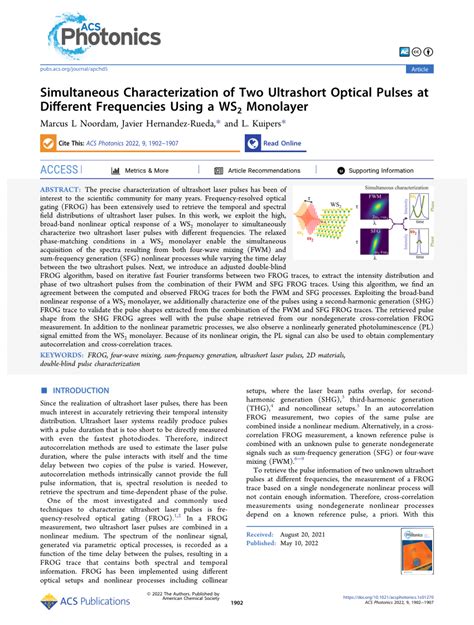 Pdf Simultaneous Characterization Of Two Ultrashort Optical Pulses At