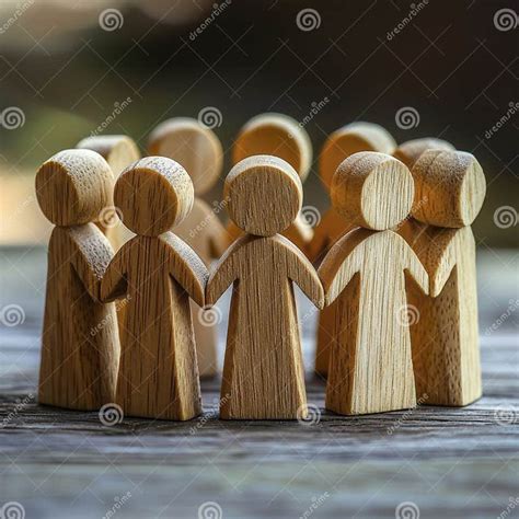 Wooden Figures Of People Standing In A Circle On A Table Symbolize Teamwork And Unity Stock