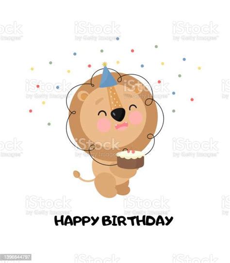 케이크와 귀여운 사자 만화 스타일 벡터 일러스트레이션 카드 포스터 배너 어린이 책 팩에 인쇄 옷 직물 벽지 섬유 또는 접시에