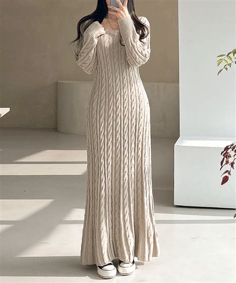 [당일배송💖체형커버템] 코니 꽈배기 니트 롱 원피스 맥시 롱원피스 슬림 A라인 퍼프 벌룬 소매 플레어 데이트 원피스 데일리룩 꾸안꾸 호캉스 올드머니 니트롱원피스 니트원피스