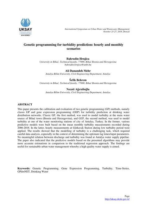 Pdf Genetic Programming For Turbidity Prediction Hourly And Monthly Scenarios