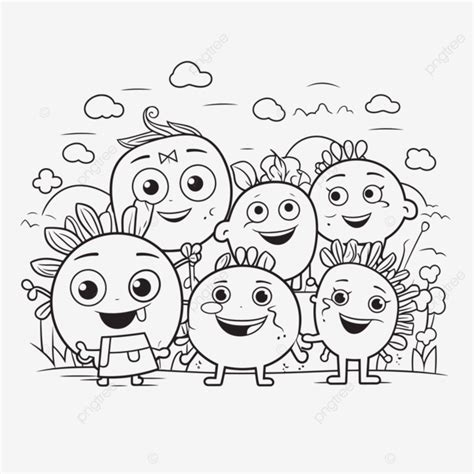 들판에 있는 아이들에게 친숙한 캐릭터 색칠하기 벡터 기본 간단한 귀여운 만화 재미있는 만화 개요 흰색 배경에 고립 어린이 색칠 페이지 Png 일러스트 및 벡터 에