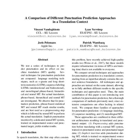 A Comparison Of Different Punctuation Prediction Approaches In A Translation Context Acl Anthology