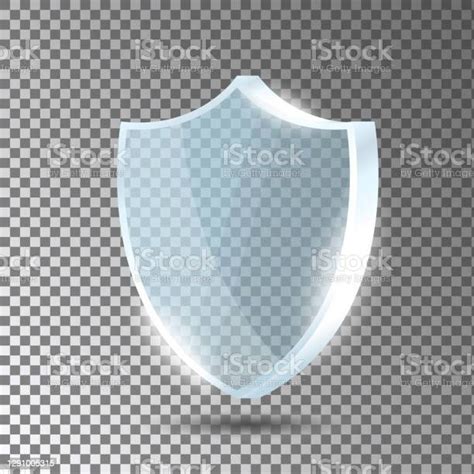유리 방패 빛나는 반사와 녹색 반사와 파란색 아크릴 보안 방패 또는 플렉시 글라스 플레이트 투명 한 배경에 수상 트로피 또는 안전의 개념 벡터 3차원 형태에 대한 스톡 벡터