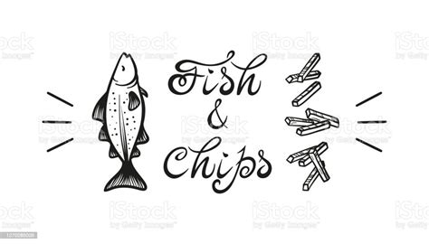 피시 앤 칩스 전통적인 영국 패스트 푸드 손으로 그린 스케치 대구 물고기와 감자 감자 튀김 해산물과 야채 길거리 음식 메뉴 또는 라벨 디자인 벡터 일러스트레이션 물고기에
