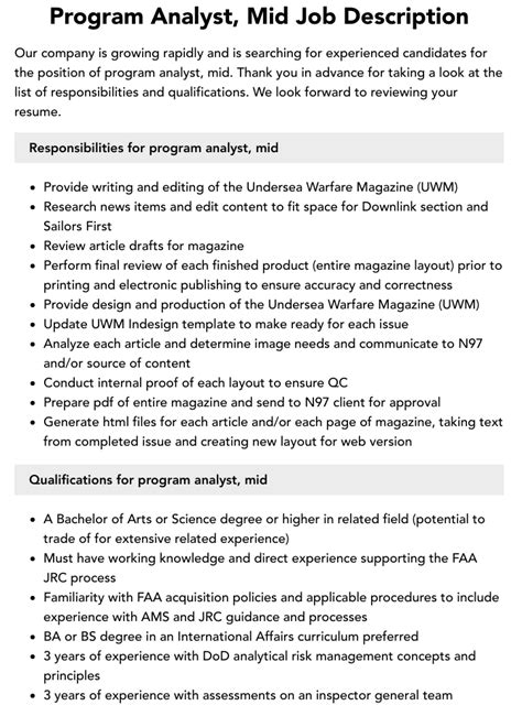 Program Analyst Mid Job Description Velvet Jobs