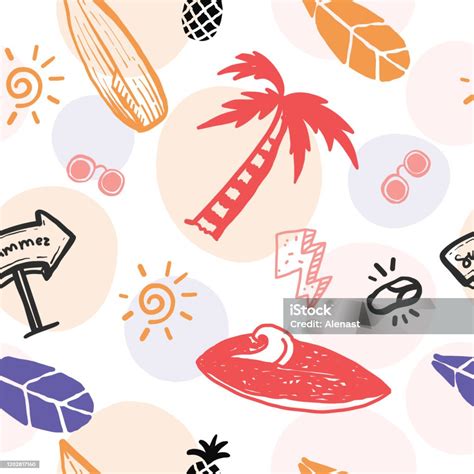 화려한 여름 바다 낙서 손바닥 파도 서핑 보드 티셔츠 패션 여행 인쇄 다채로운 배경과 원활한 패턴 관광 리조트에 대한 스톡 벡터 아트 및 기타 이미지 Istock