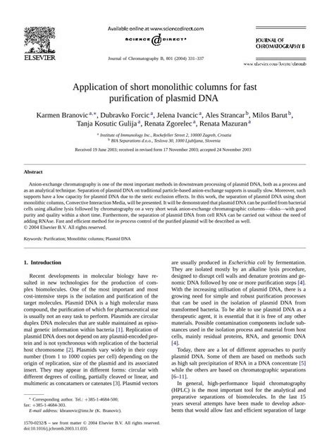 Pdf Application Of Short Monolithic Columns For Fast Purification Of