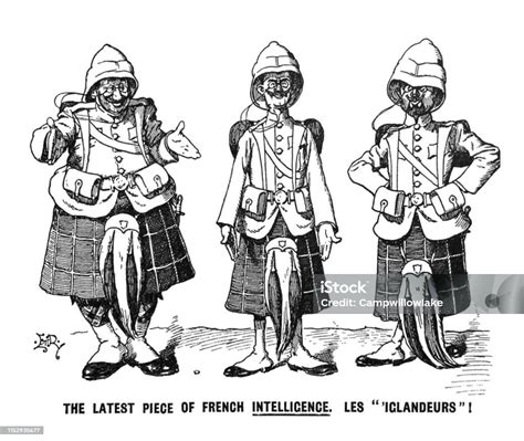 영국 사 타이어 만화 만화 캐리 커 처 일러스트스코틀랜드의 프랑스 지능 신병 스코틀랜드에 대한 스톡 벡터 아트 및 기타 이미지 스코틀랜드 킬트 1880 1889 년