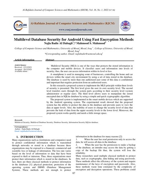 Pdf Multilevel Database Security For Android Using Fast Encryption Methods Article Information