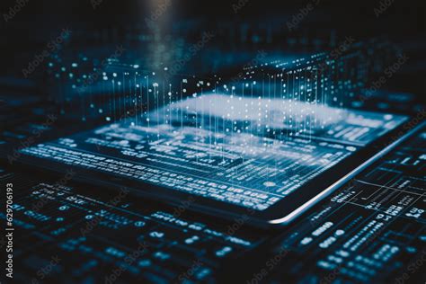 Tablet With Binary Code On Blurred Blue Lights Background Darknet And