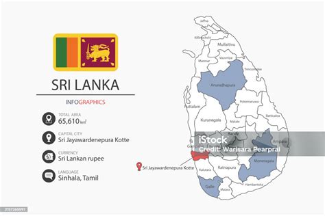 스리랑카지도 인포 그래픽 요소 와 도시 국기 제목과는 별개로 전체 면적 통화 언어 및 이 나라의 수도가 있습니다 스리랑카에 대한 스톡 벡터 아트 및 기타 이미지 Istock