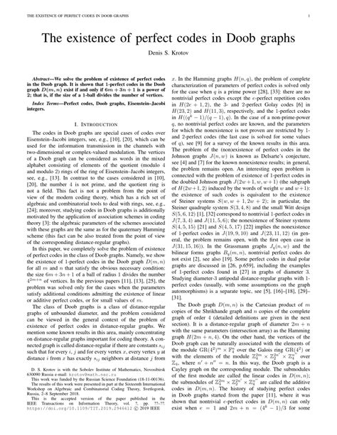 Pdf The Existence Of Perfect Codes In Doob Graphs